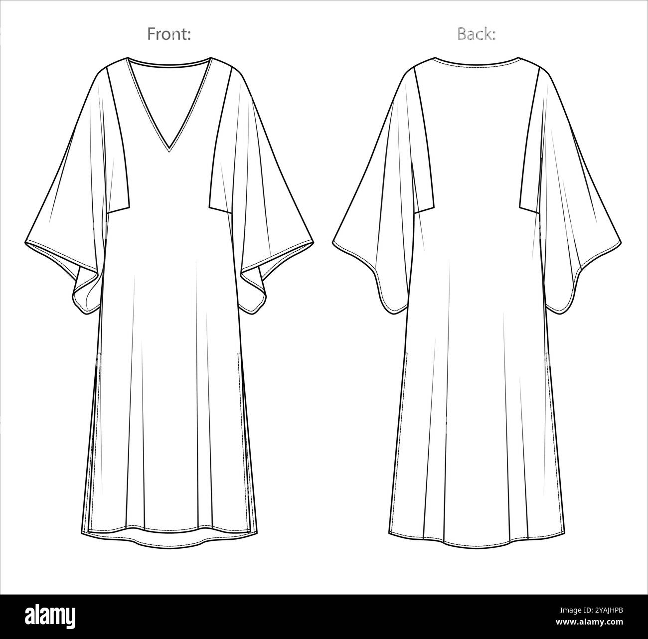 Vector long sleeve V neck maxi dress technical drawing, woman kaftan ...