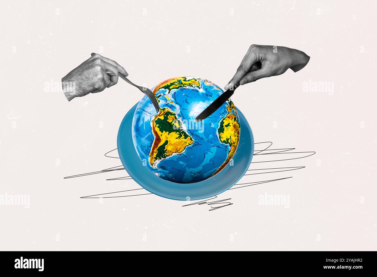 Composite photo collage of hands hold fork knife planet hunger destroy ...