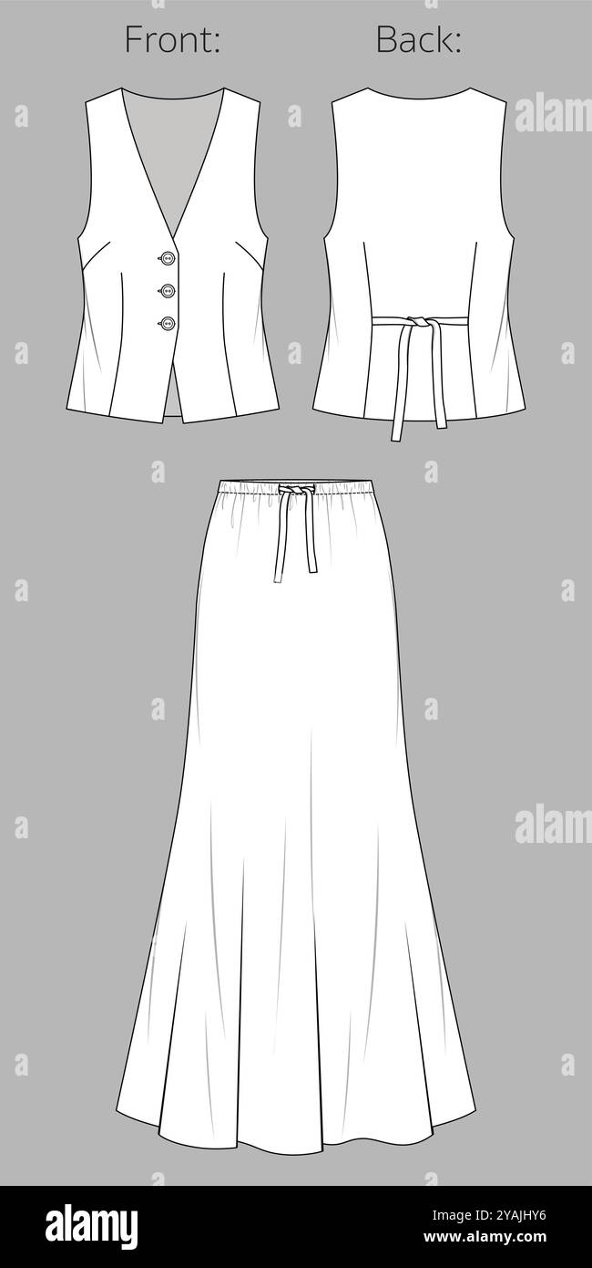 Vector maxi draped skirt and vest technical drawing, tailored ...