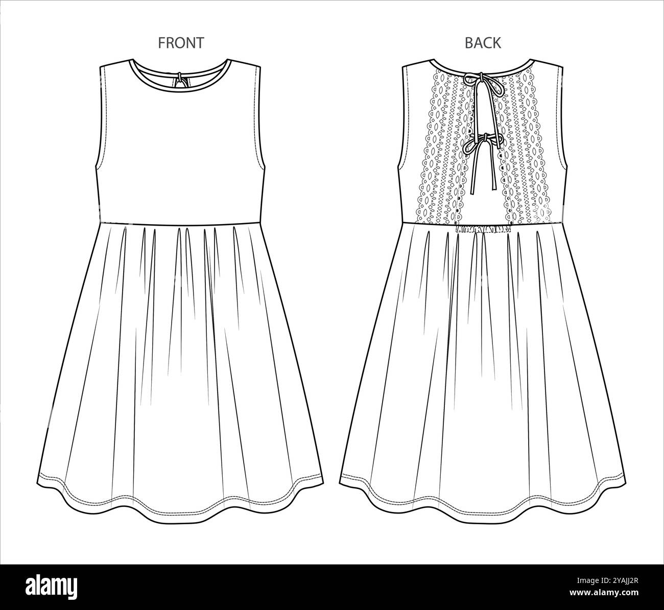 Vector flared mini dress fashion CAD, woman midi dress with lace trim ...