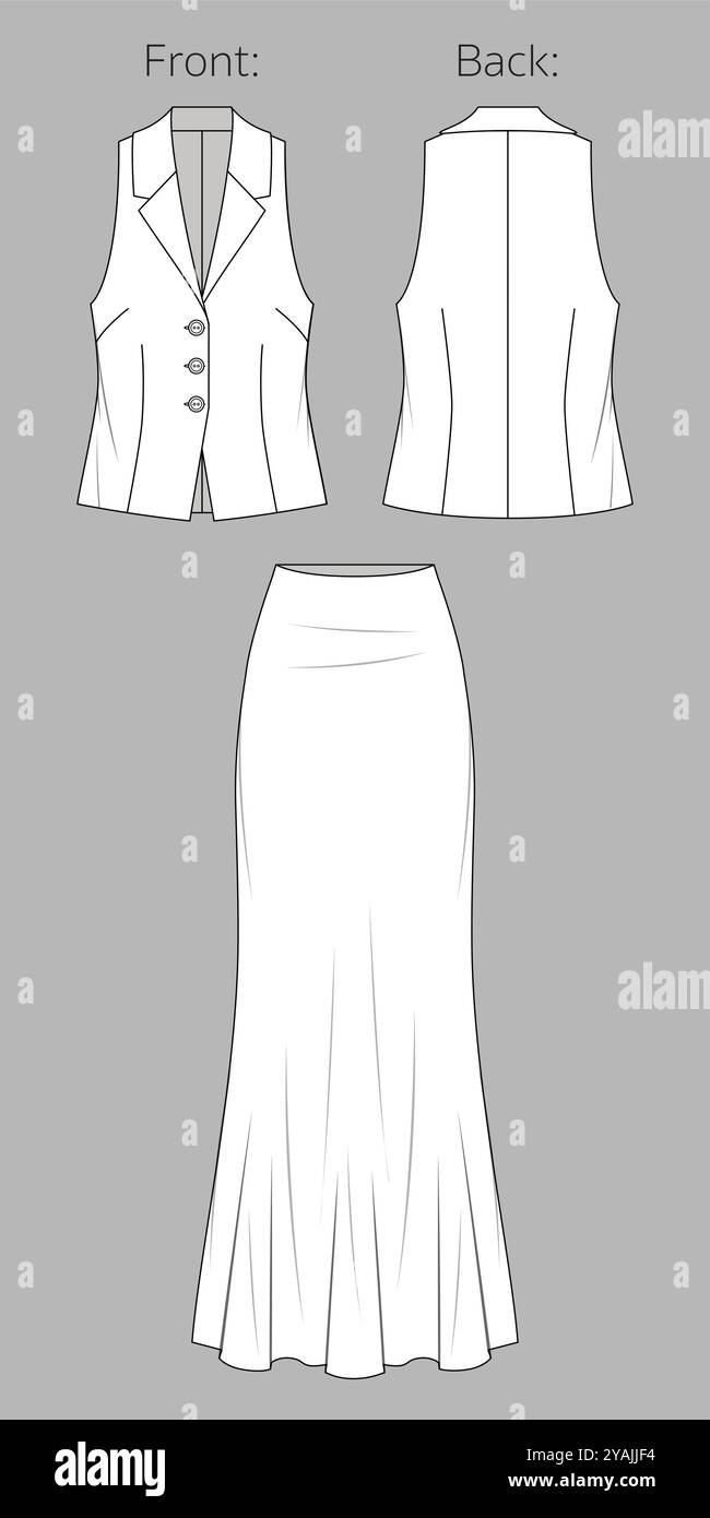 Vector maxi draped skirt and vest technical drawing, tailor sleeveless ...