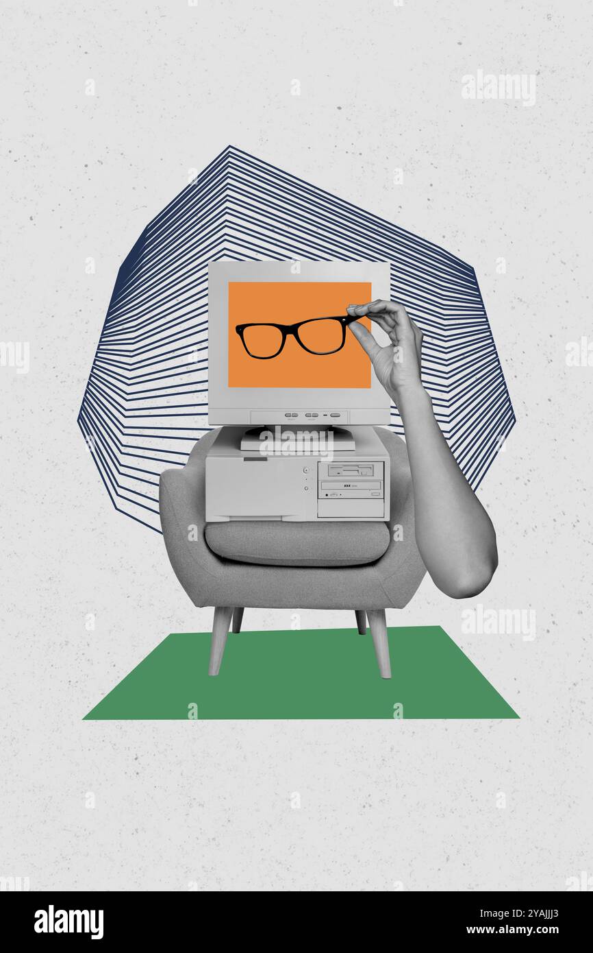 Vertical photo collage of faceless human glasses optician computer ...