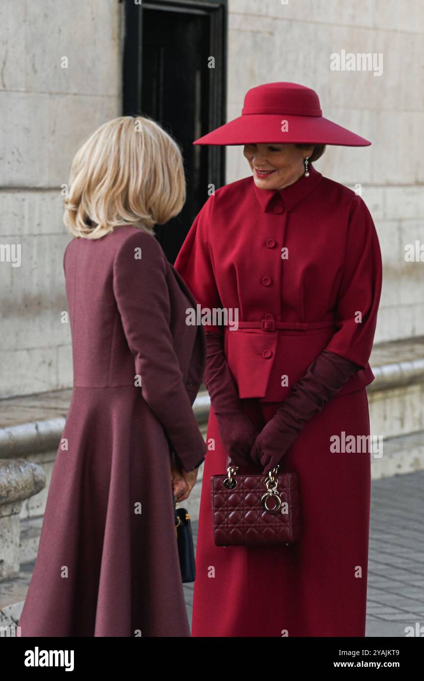 Paris, France. 14th Oct, 2024. Queen Mathilde of Belgium talks with ...