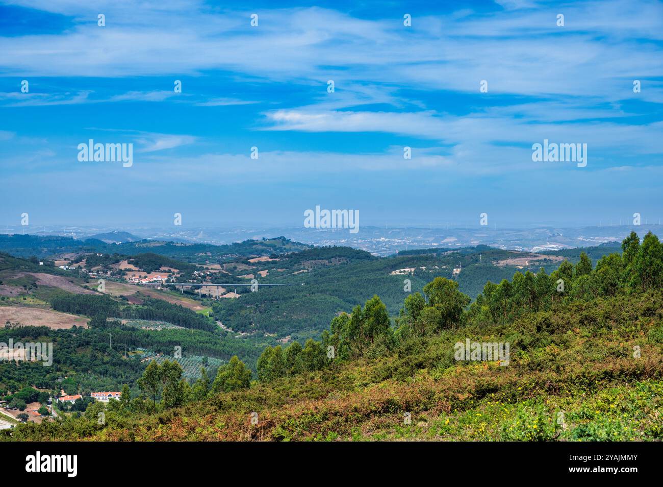 countryside landscape with rolling hills, green forests, and blue sky ...