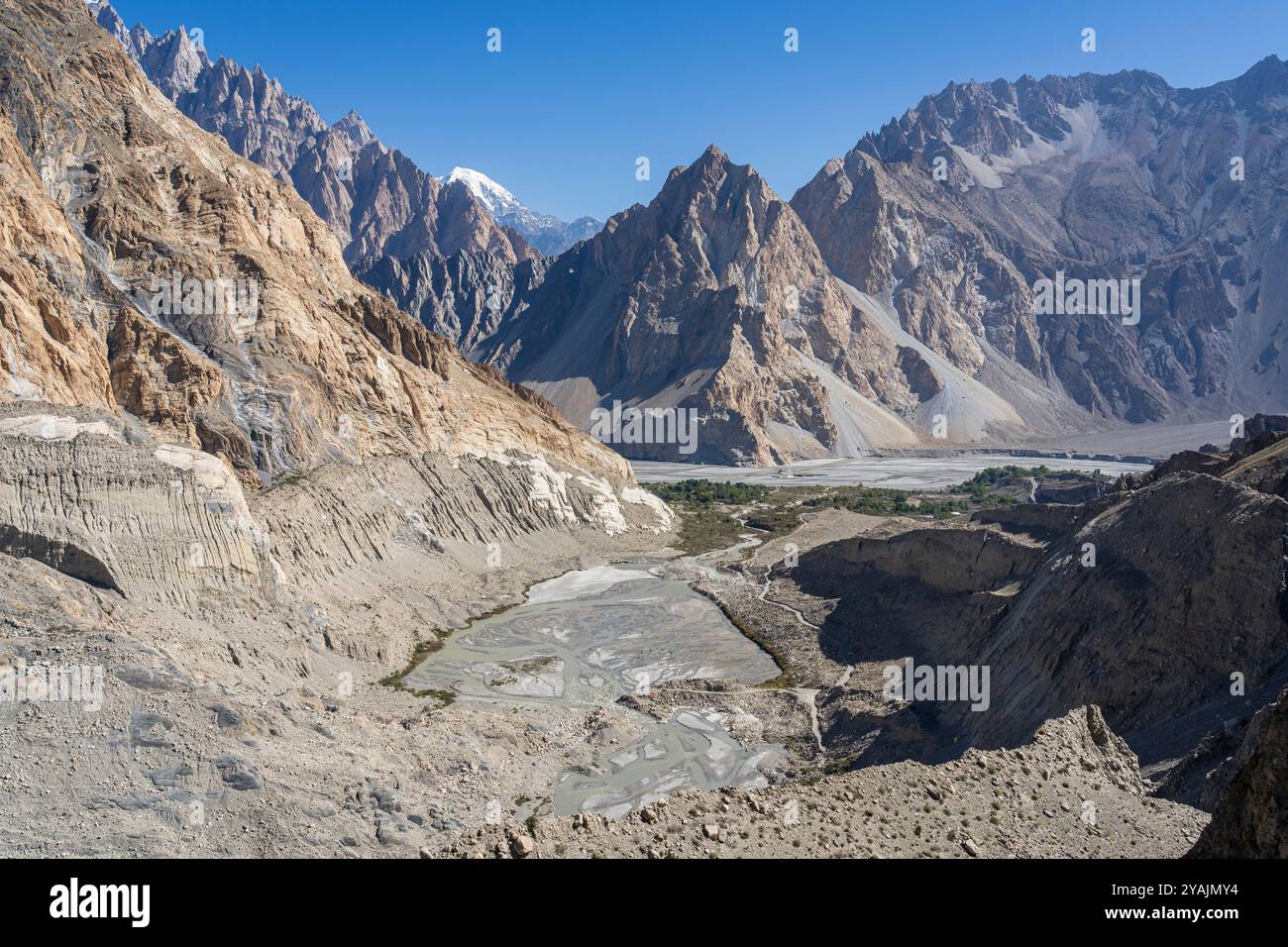 Scenic mountain landscape of Passu glacier, lake and river joining ...