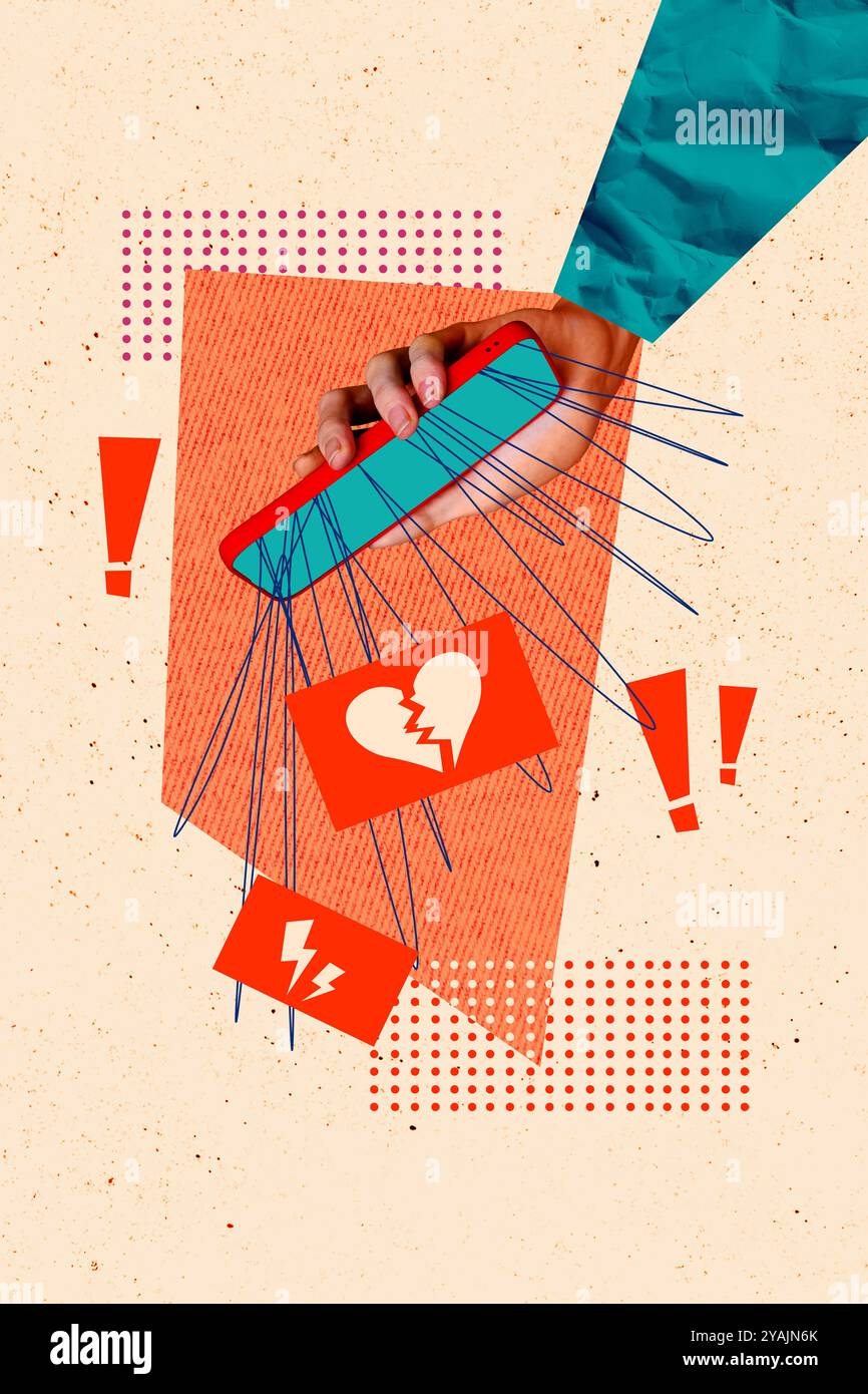 Vertical photo collage of hand hold phone cyberbully hate concept broke ...