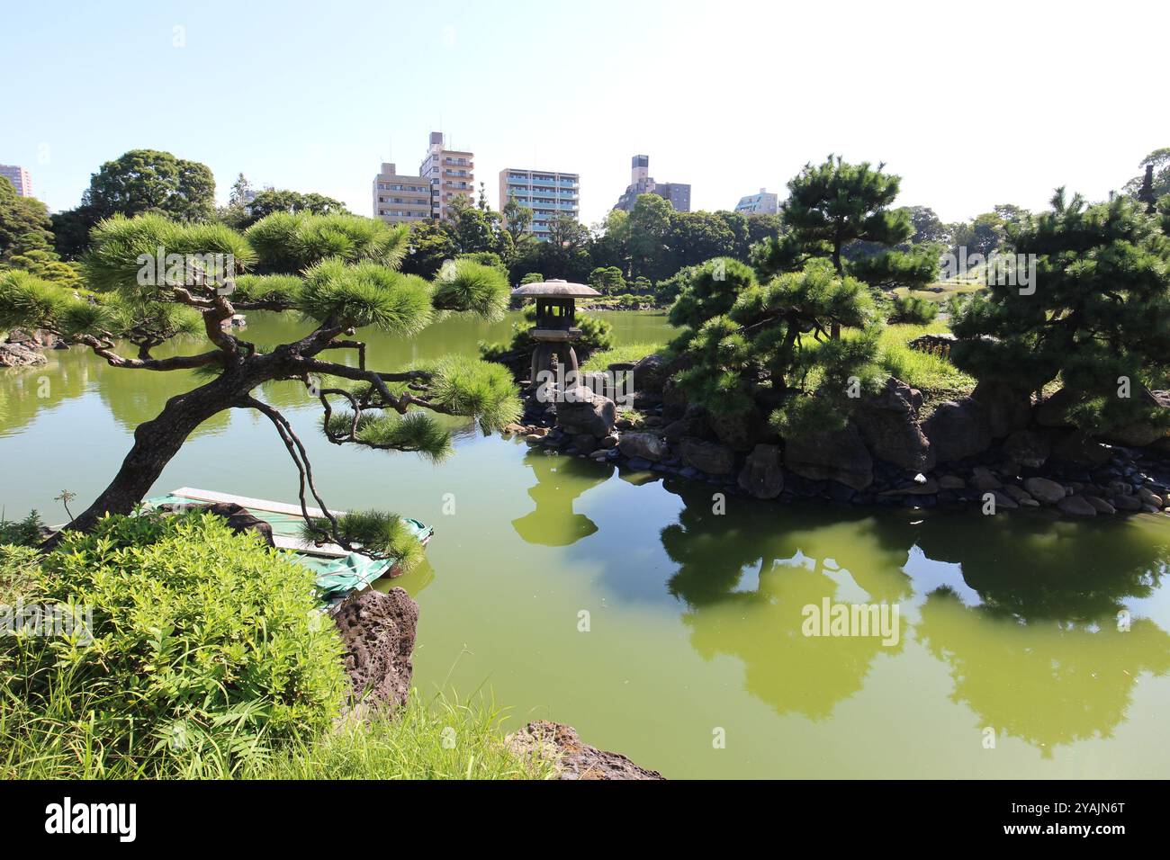 Dai-Sensui Pond and Japanese black pine trees in Kiyosumi Garden, Tokyo ...