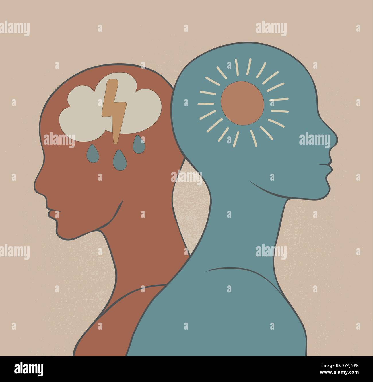 2 Head silhouette.Metaphor bipolar disorder mind mental.Double face ...