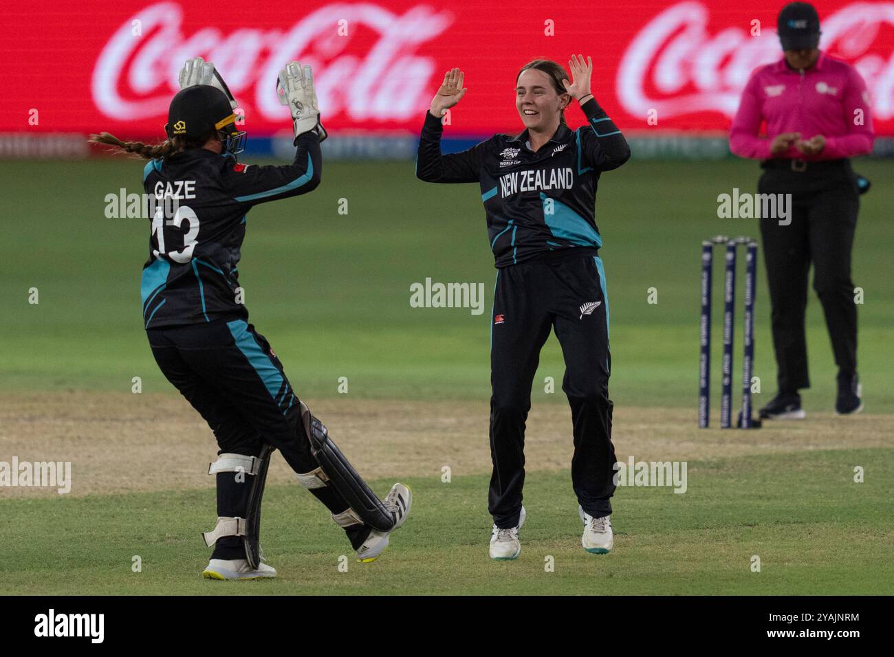 New Zealand's Fran Jonas, right, celebrates the wicket of Pakistan's ...