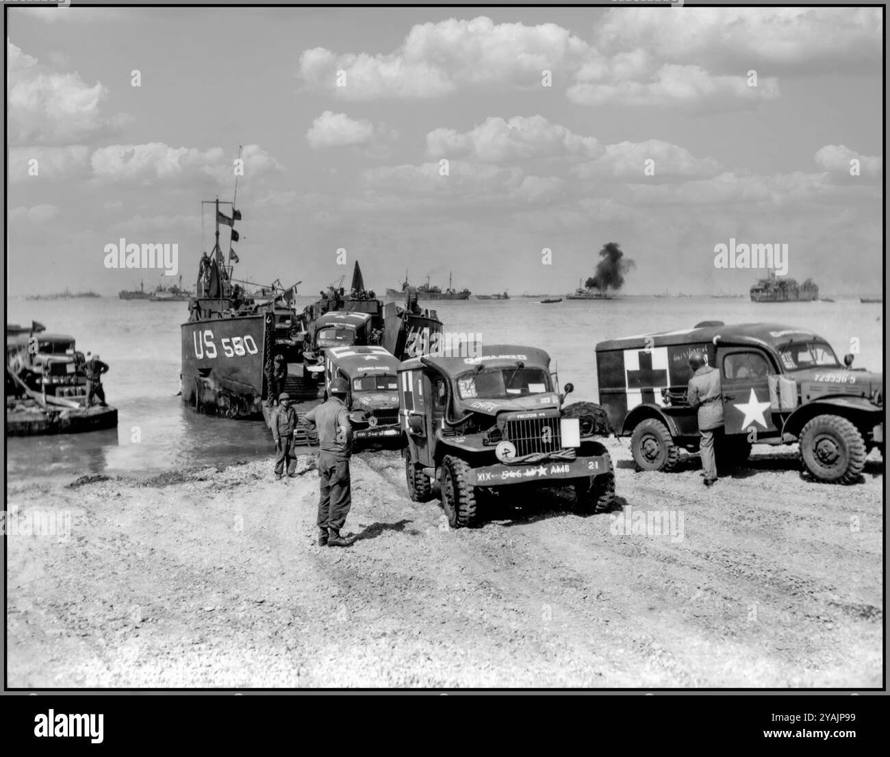 UTAH BEACH after D-Day post D-Day medical units & supplies arriving. A ...