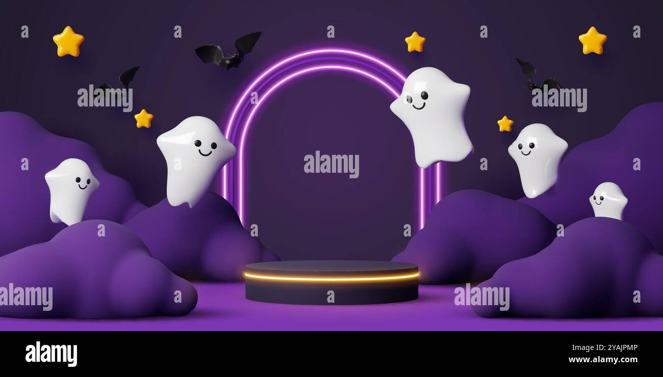 3d Halloween podium with flying ghosts and bats. Vector holiday scene ...