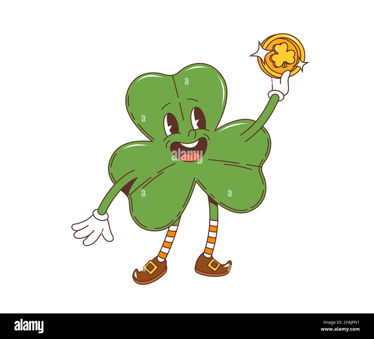 Cartoon retro groovy green shamrock clover leaf character, saint ...