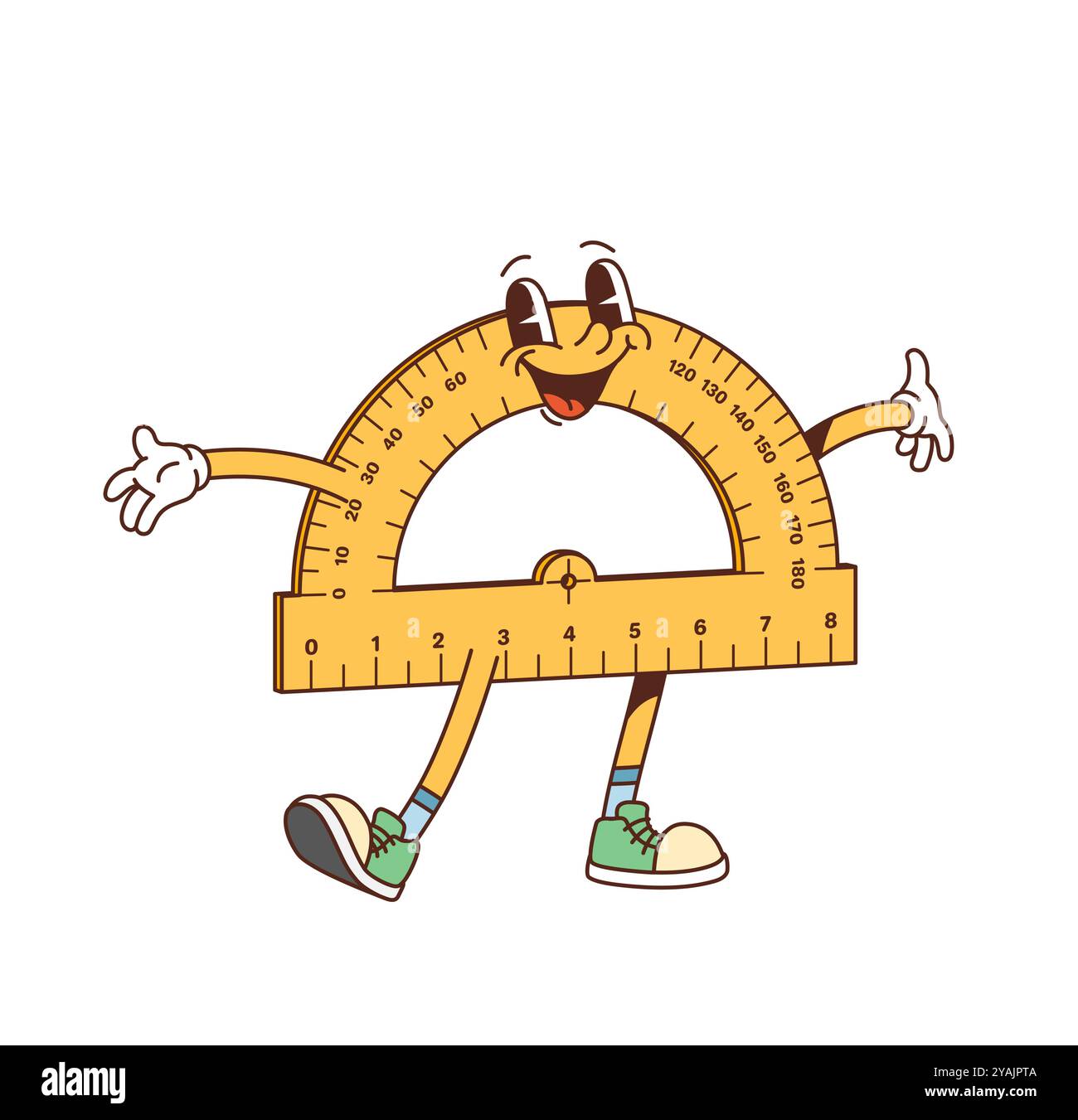 Groovy school protractor character. Cartoon retro ruler personage ...
