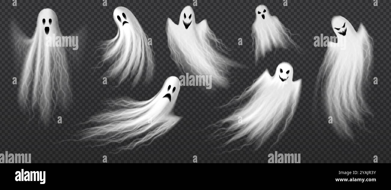 Realistic Halloween scary flying ghosts. Isolated 3d vector set of ...