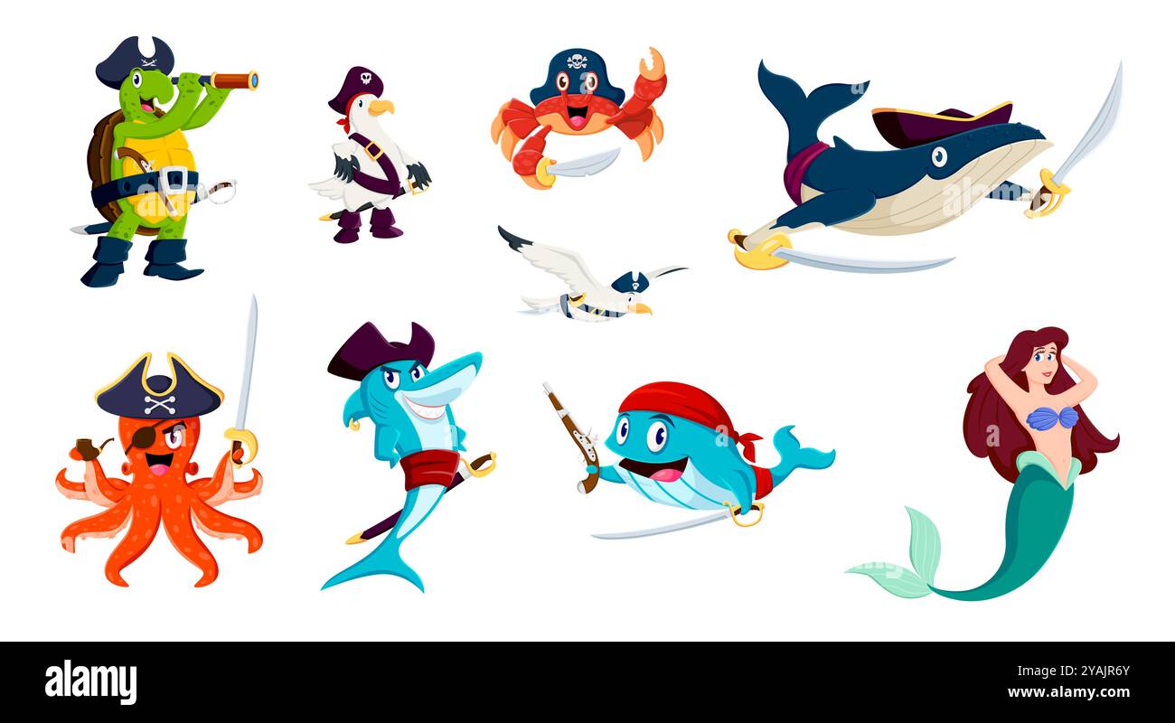 Cartoon sea pirate animals and mermaid characters, Caribbean corsair ...