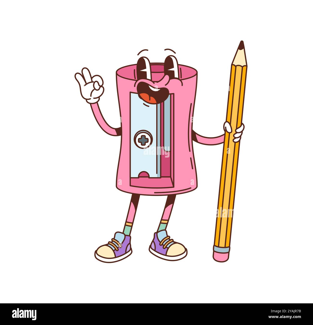 Groovy school sharpener character holding wooden pencil and showing ok ...
