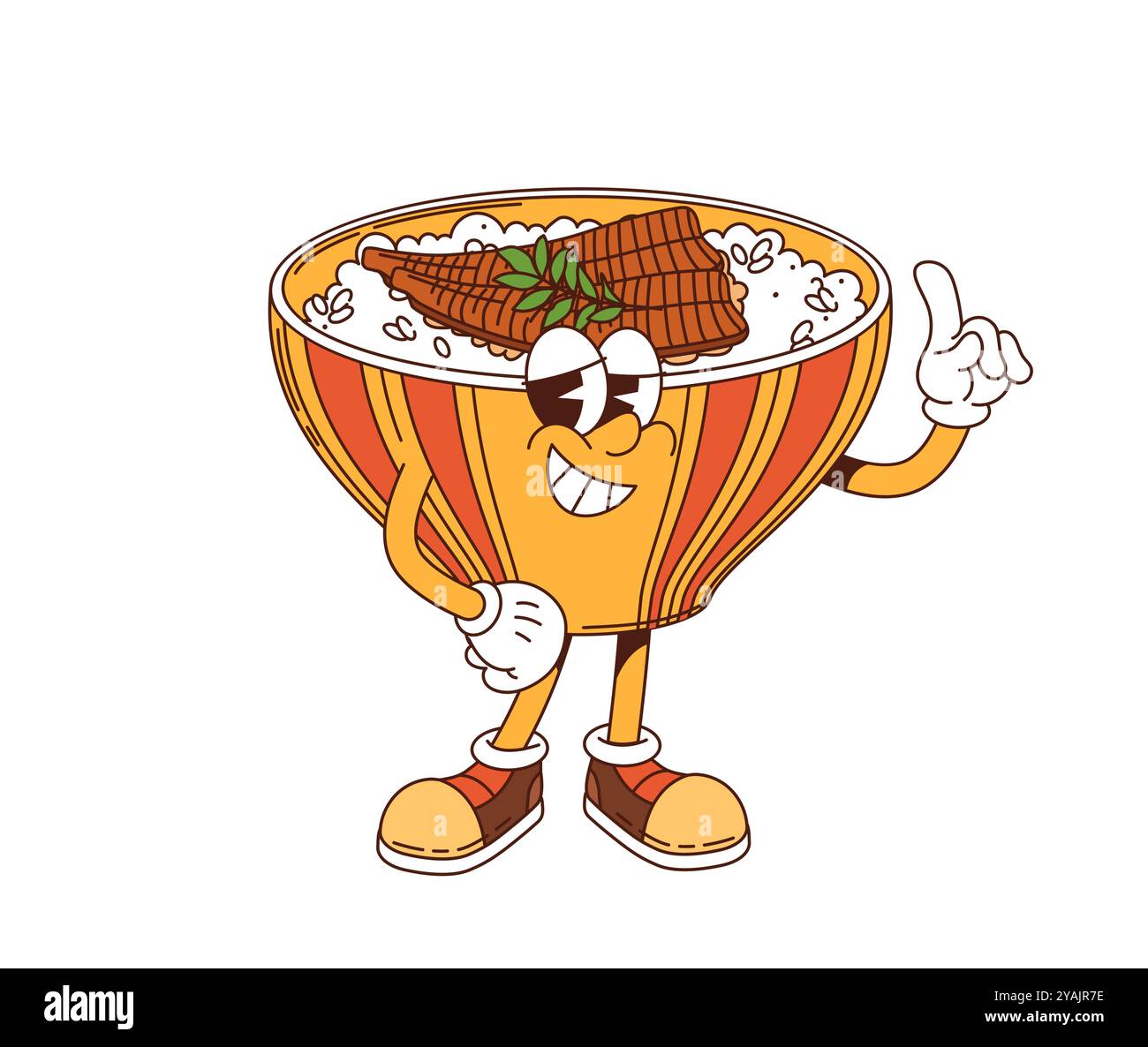 Cartoon groovy unadon donburi character. Japanese food bowl of steamed ...