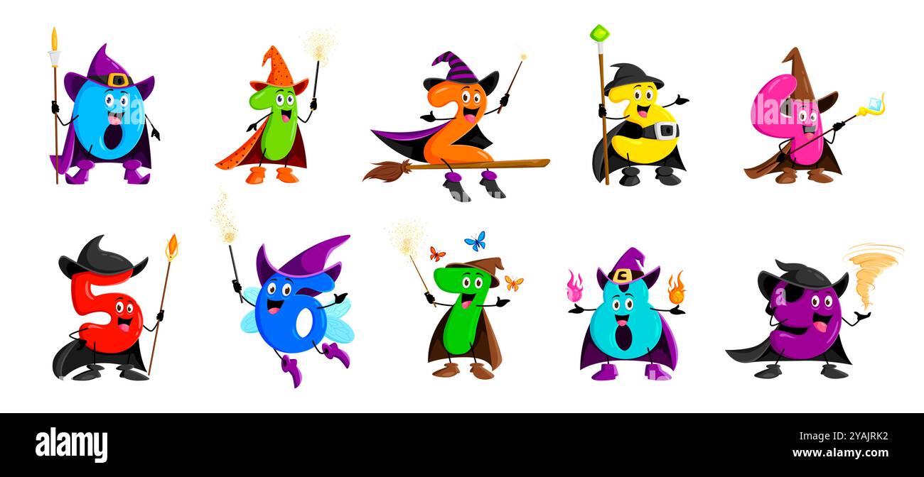 Cartoon math number Halloween wizard, witch and mage characters in ...