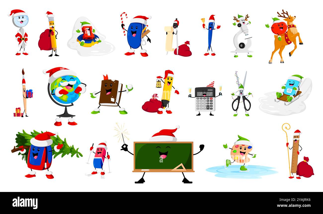 Cartoon Christmas school education items, stationery and book ...
