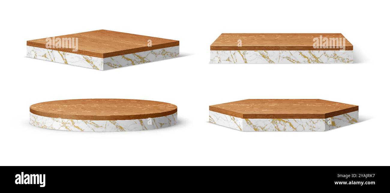 3d white marble podium stage with wooden floor plate. Vector geometric ...