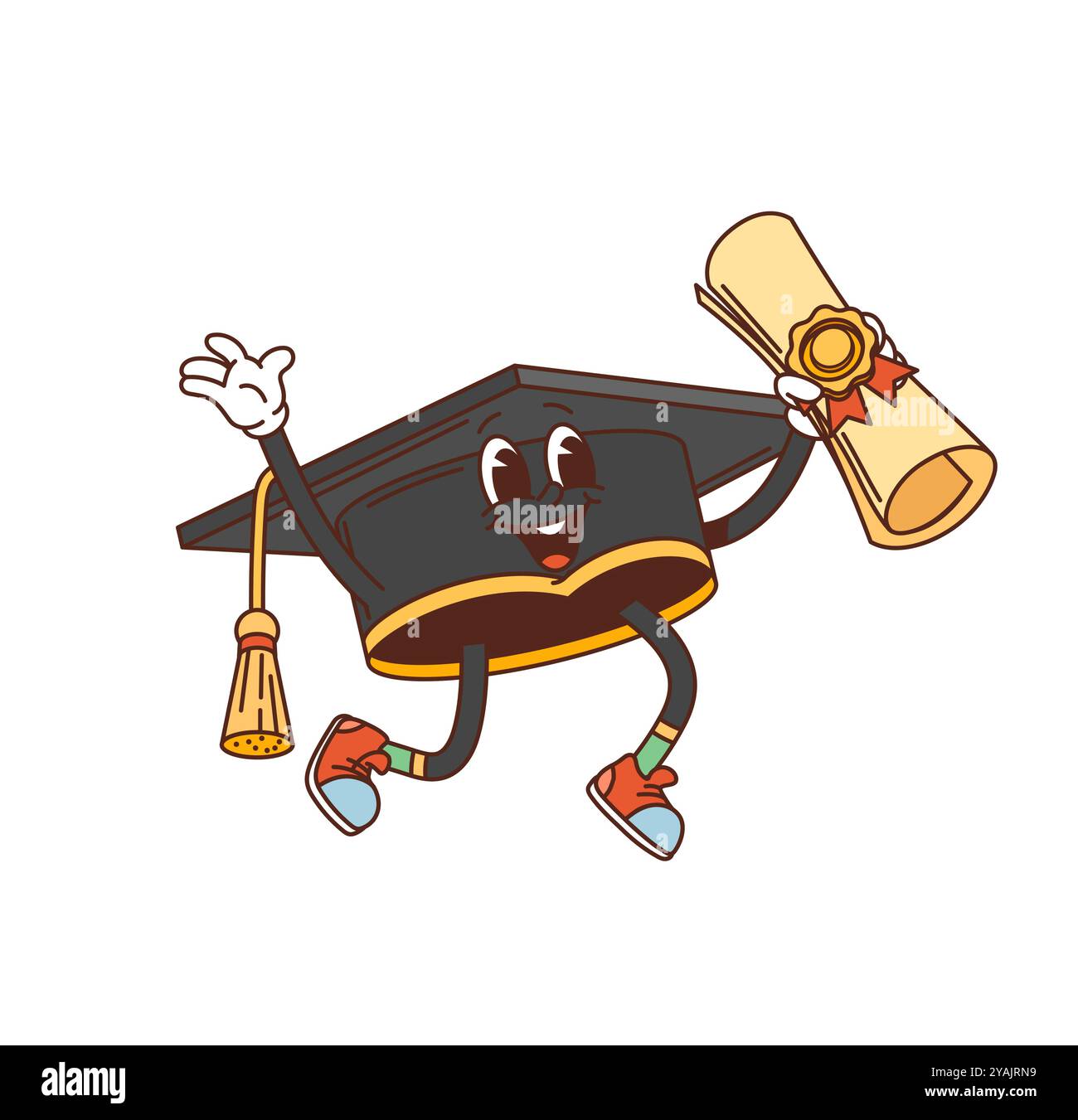 Groovy student graduation cap character, retro academic hat personage ...