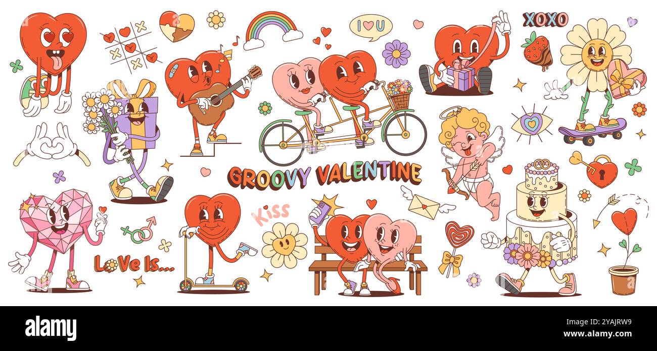 Cartoon retro groovy Valentine heart characters and symbols in 70s ...