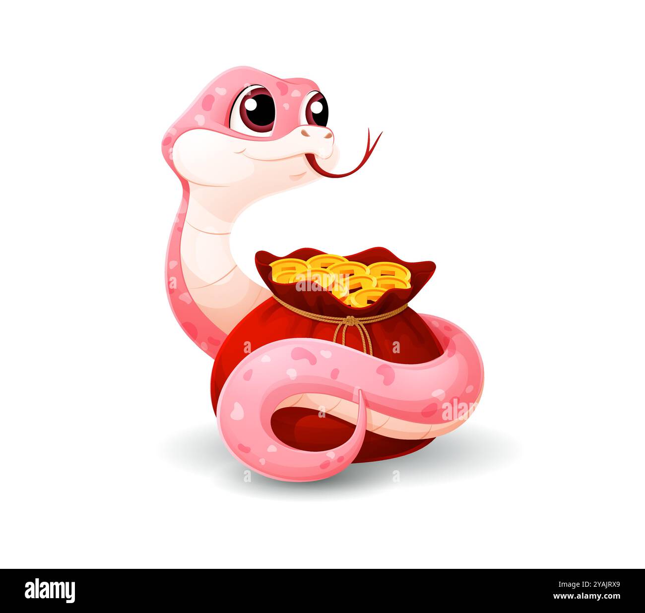 Cartoon funny snake curls around red sack filled with gold coins ...