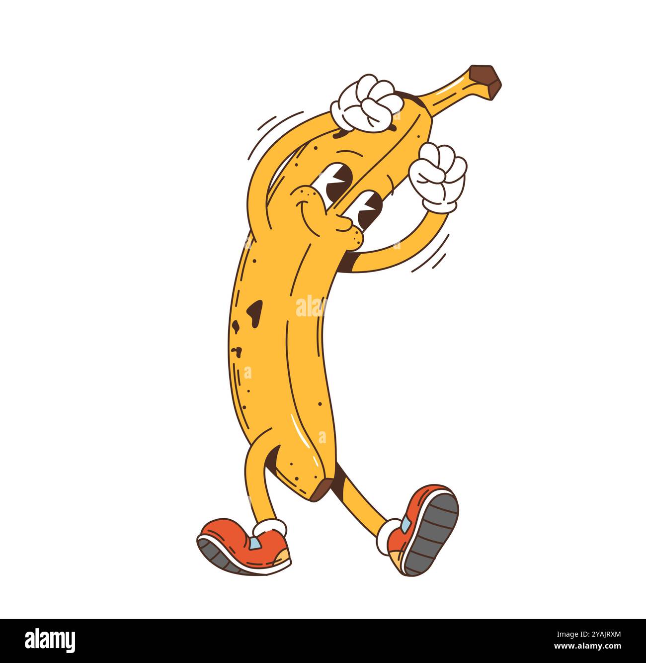 Cartoon groovy banana retro character with expressive facial features ...