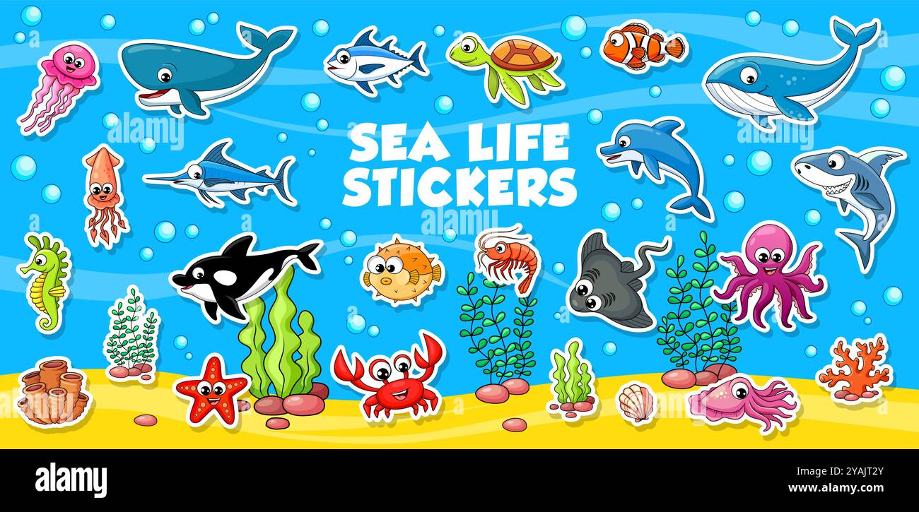 Stickers pack of funny cartoon underwater animals. Whale, turtle and ...