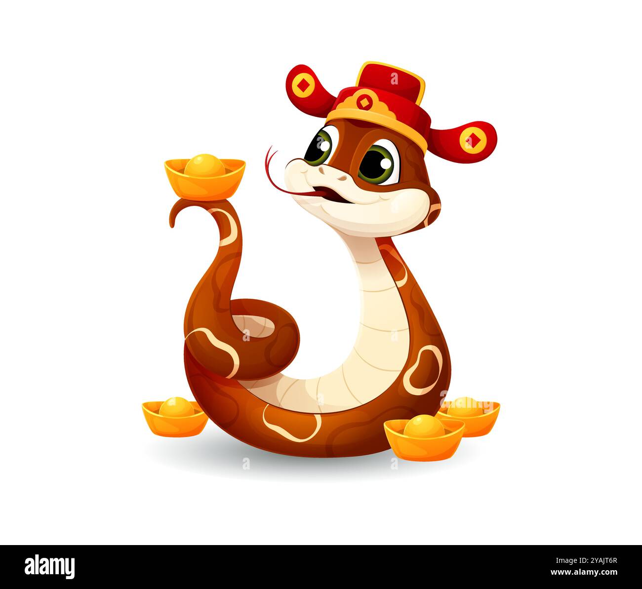 Cartoon snake in a traditional Chinese hat, balances a gold ingot on ...