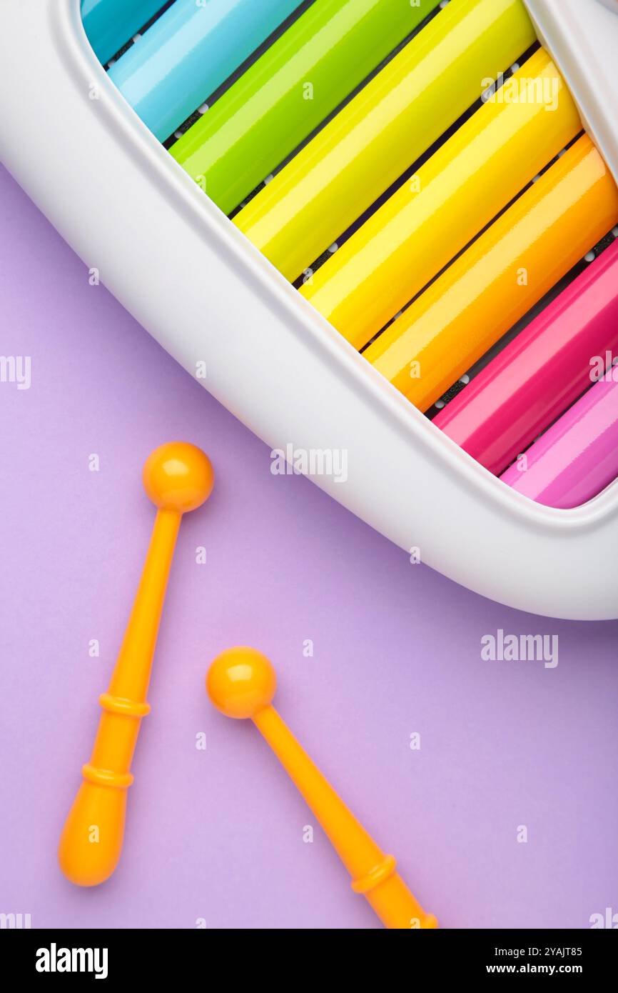 Colorful xylophone on purple background. Vertical photo. Top view Stock Photo - Alamy