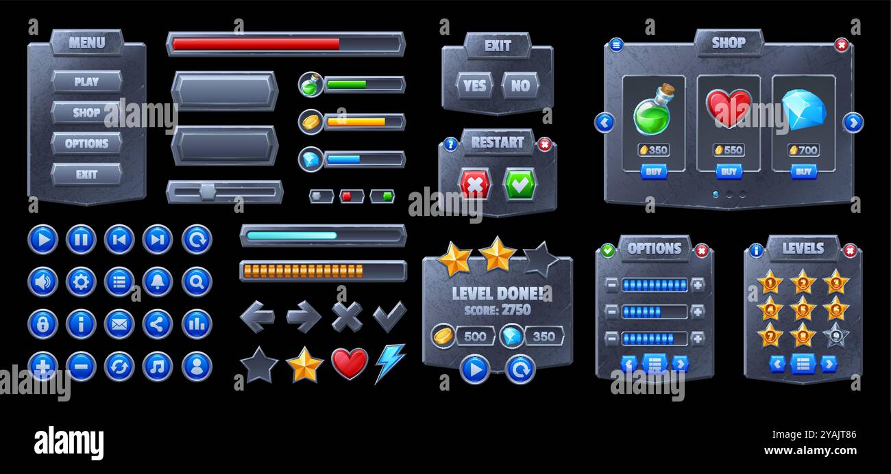 Metal game interface, game ui assets and cartoon vector elements like ...