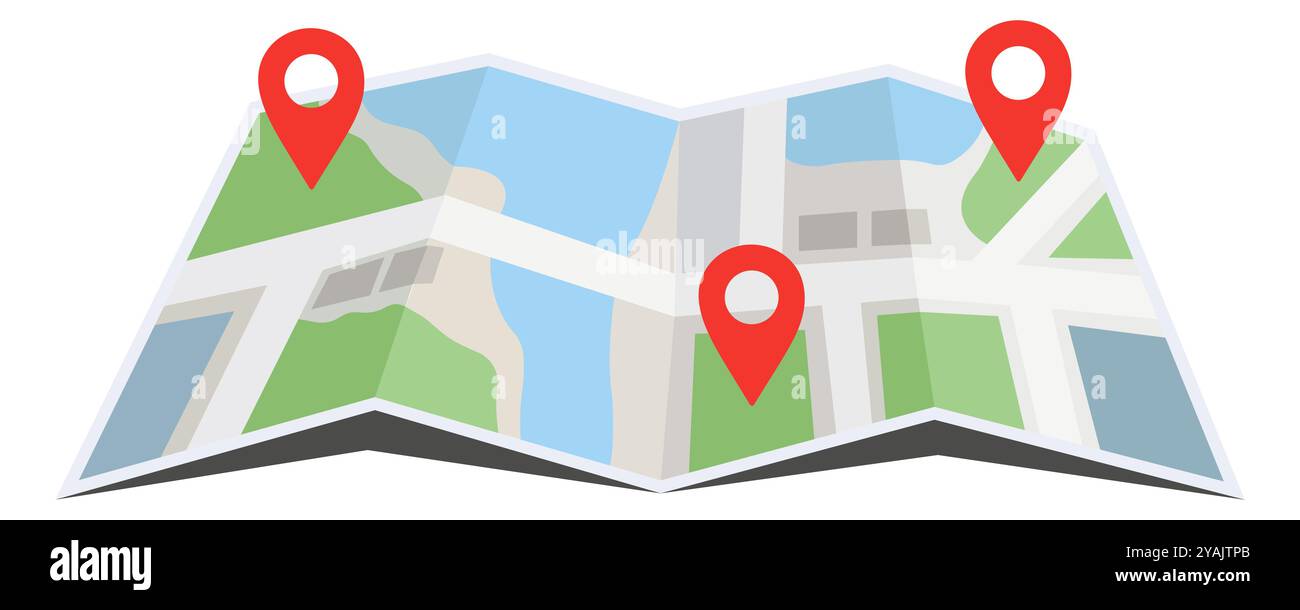 Folded maps navigation, red pin location icon on building city street roads design background ...
