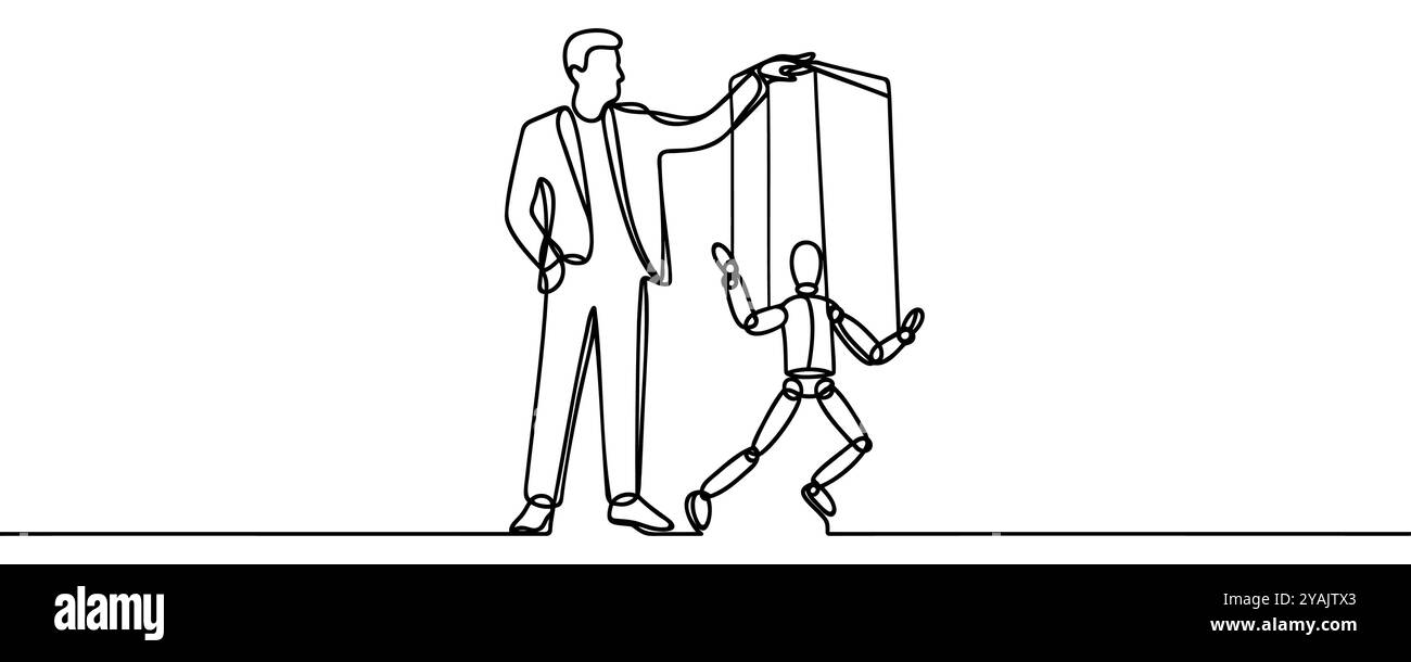 Continuous one line drawing businessman walks by being moved by ropes ...