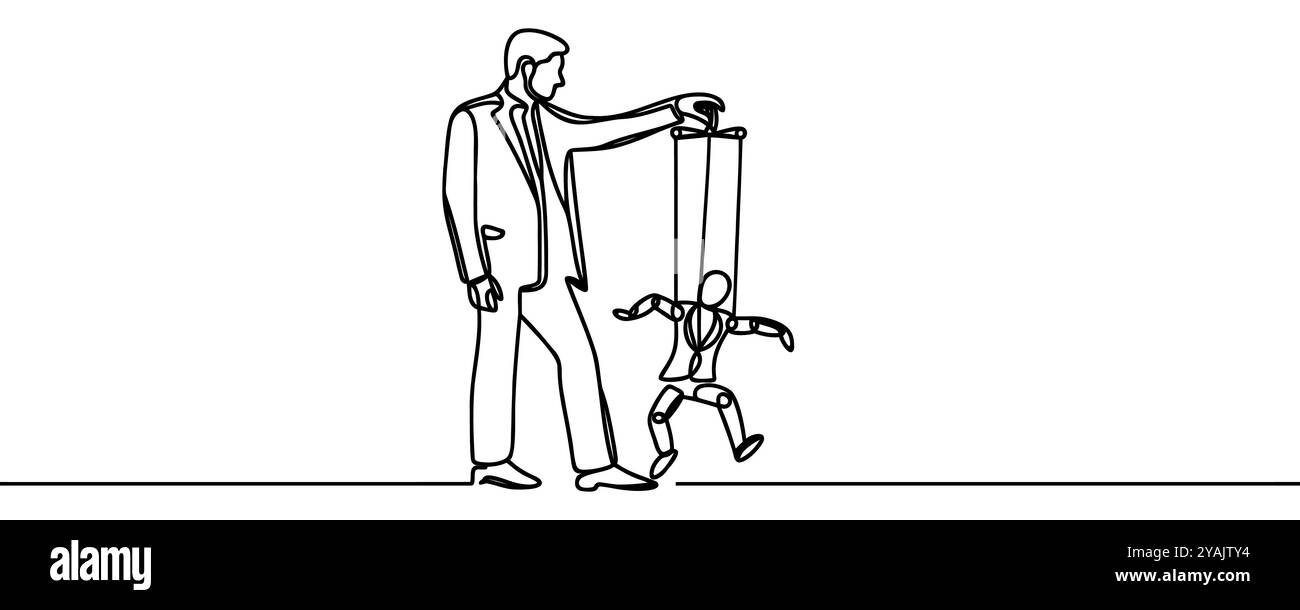 Continuous one line drawing businessman walks by being moved by ropes ...