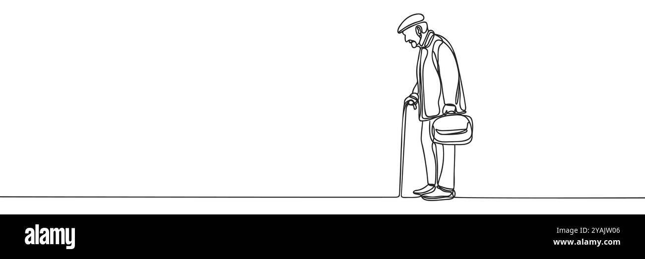 Continuous one line drawing of a senior man with a stick. Minimal ...