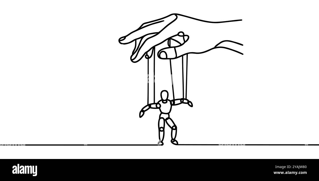 hand controls the puppet. Continuous one line drawing Stock Vector ...