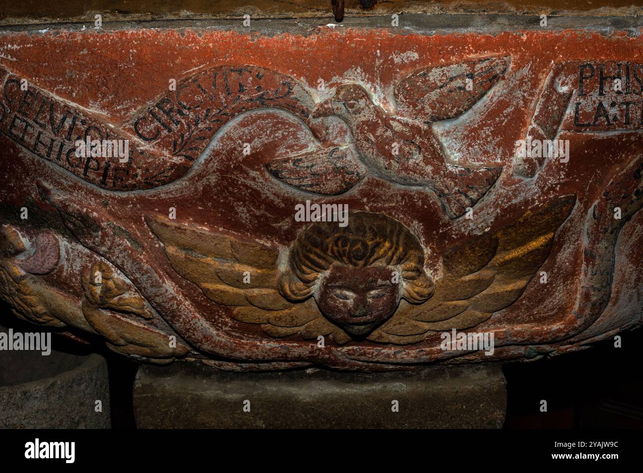 Cherub, dove and snakes sculpted on a 16th century stone baptismal font ...