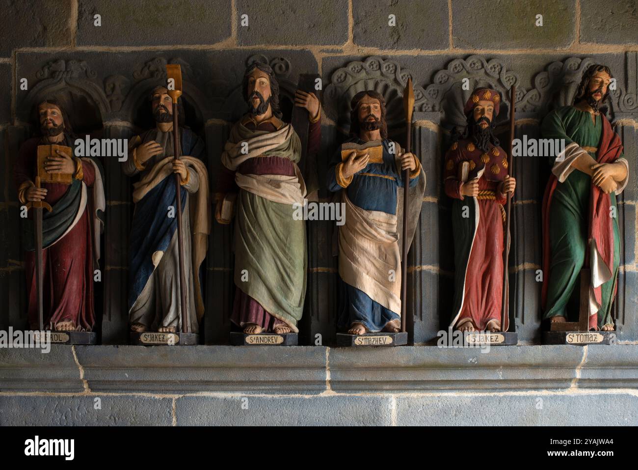 Sculpted in wood in 1721, six of 12 polychrome apostle statues flanking ...