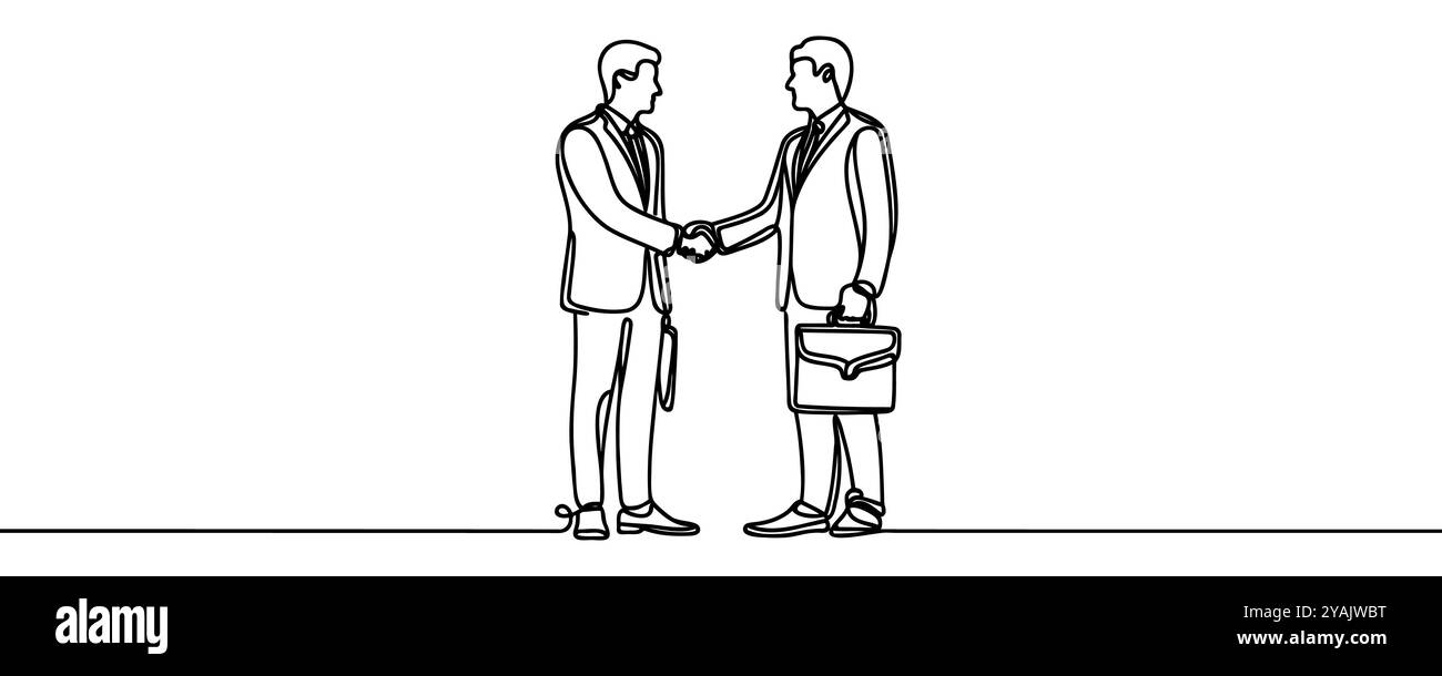Line drawing of two businessman handshake with suitcase. Single line of ...