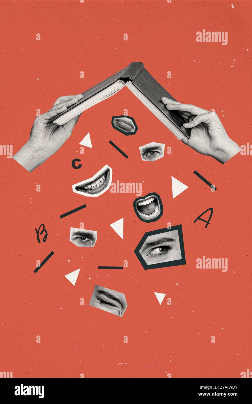 Vertical photo collage of hand hold book creepy horror plot novel body ...