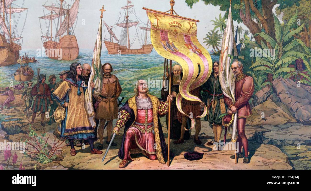 CHRISTOPHER COLUMBUS (1451-1506) Italian explorer landing in America ...