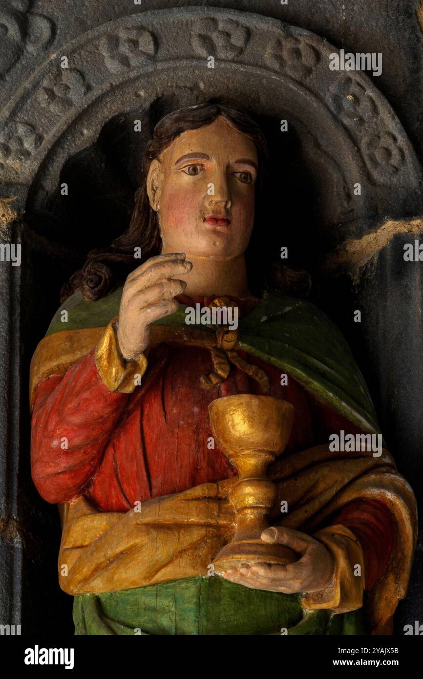 Saint John the Apostle holds a golden cup. Head and upper body of one ...