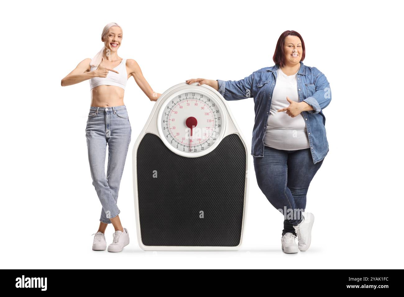 Skinny and overweight woman standing next to a weight scale and ...