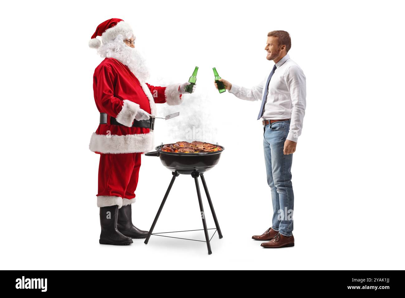 Santa claus toasting with beer with a younger man and making a bbq ...