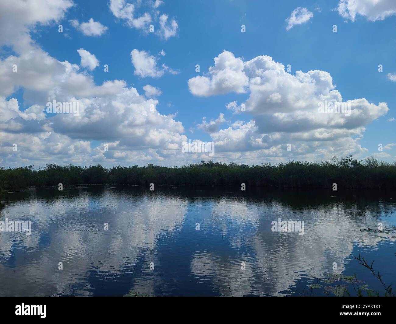 A serene lake reflecting fluffy white clouds and a blue sky, surrounded ...