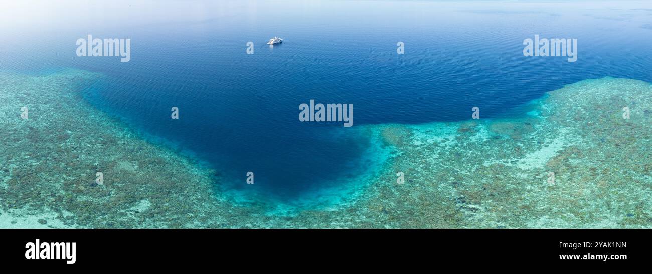 A beautiful and healthy coral reef surrounds a volcanic island off the ...