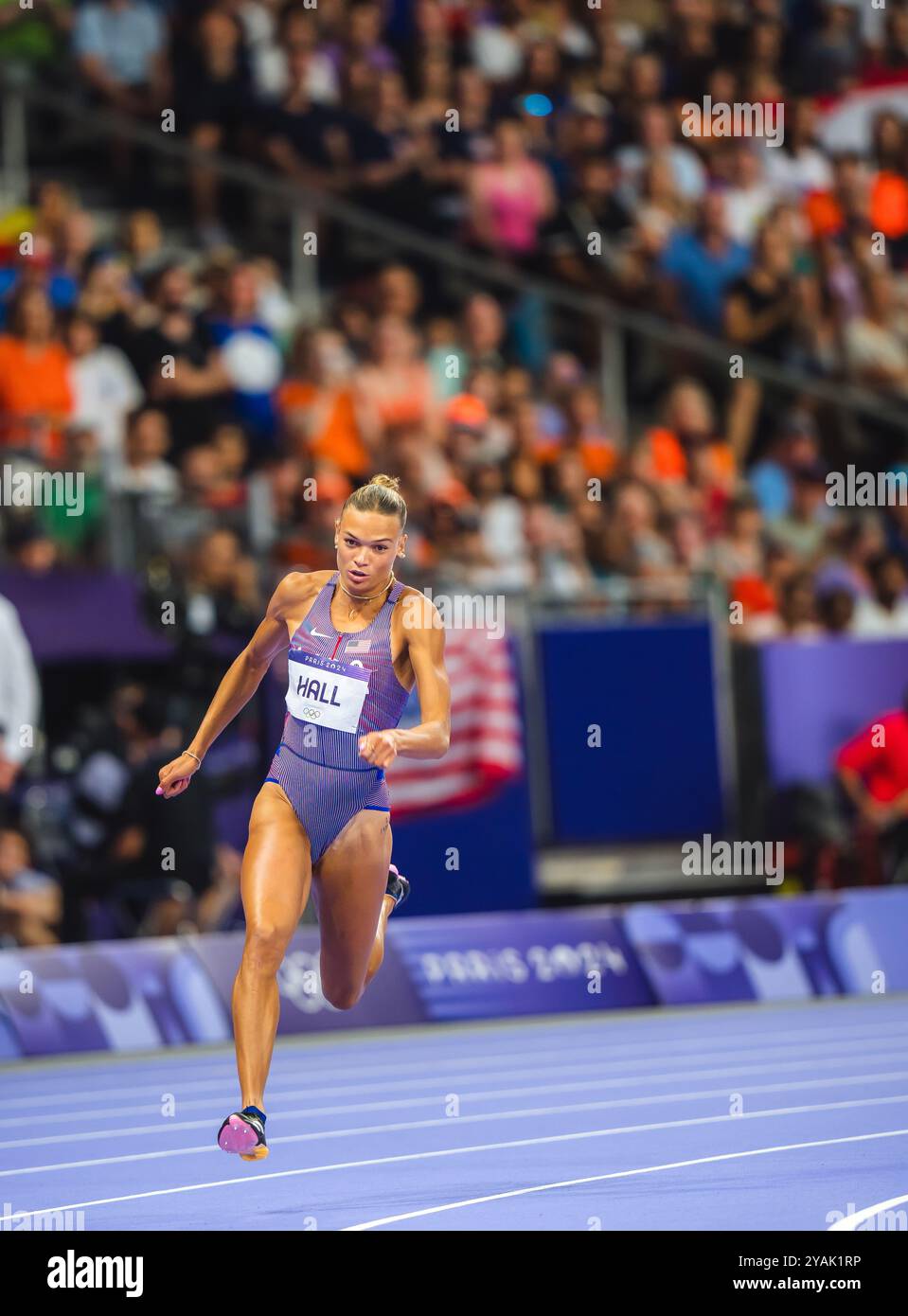 Anna Hall participating in the 200 meters at the Paris 2024 Olympic ...