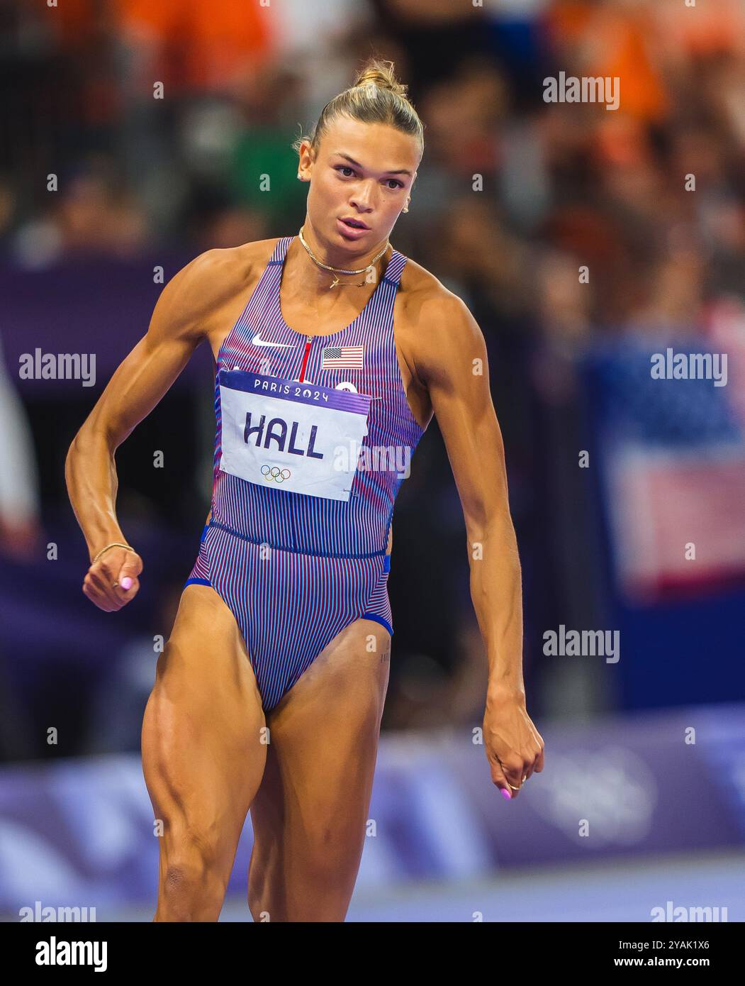 Anna Hall participating in the 200 meters at the Paris 2024 Olympic ...