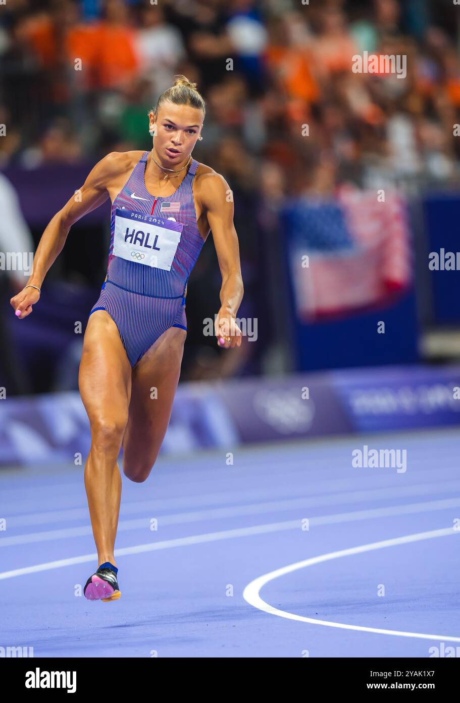 Anna Hall participating in the 200 meters at the Paris 2024 Olympic ...